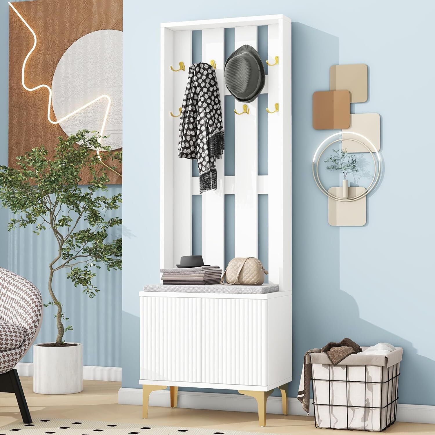 CHLET Hall Tree w/Bench & Shoe Cabinet, Coat Rack w/Fluted Doors ...