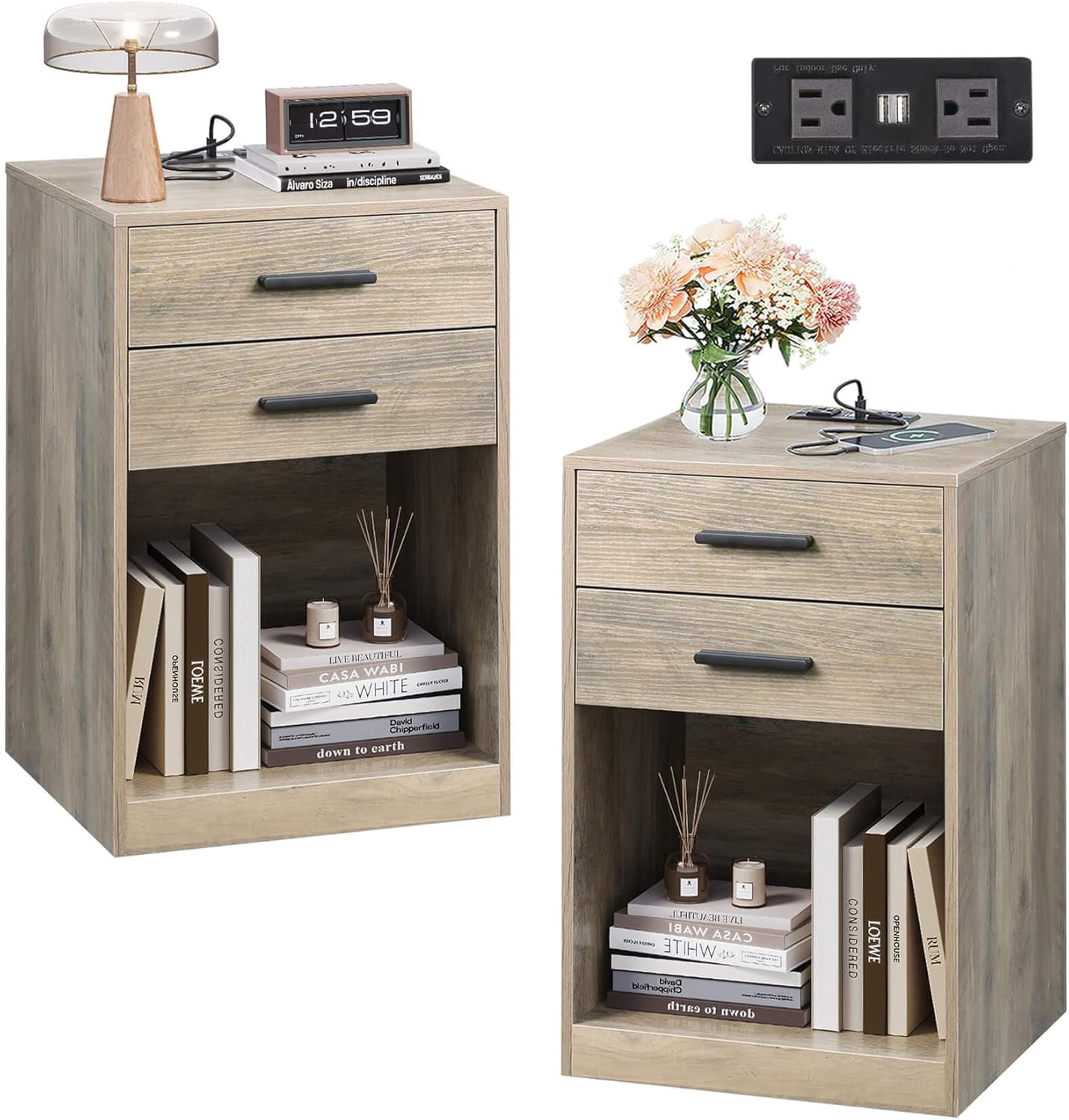 CHLET Nightstand Set of 2 with Charging Station, Wood Night Stand Sets ...