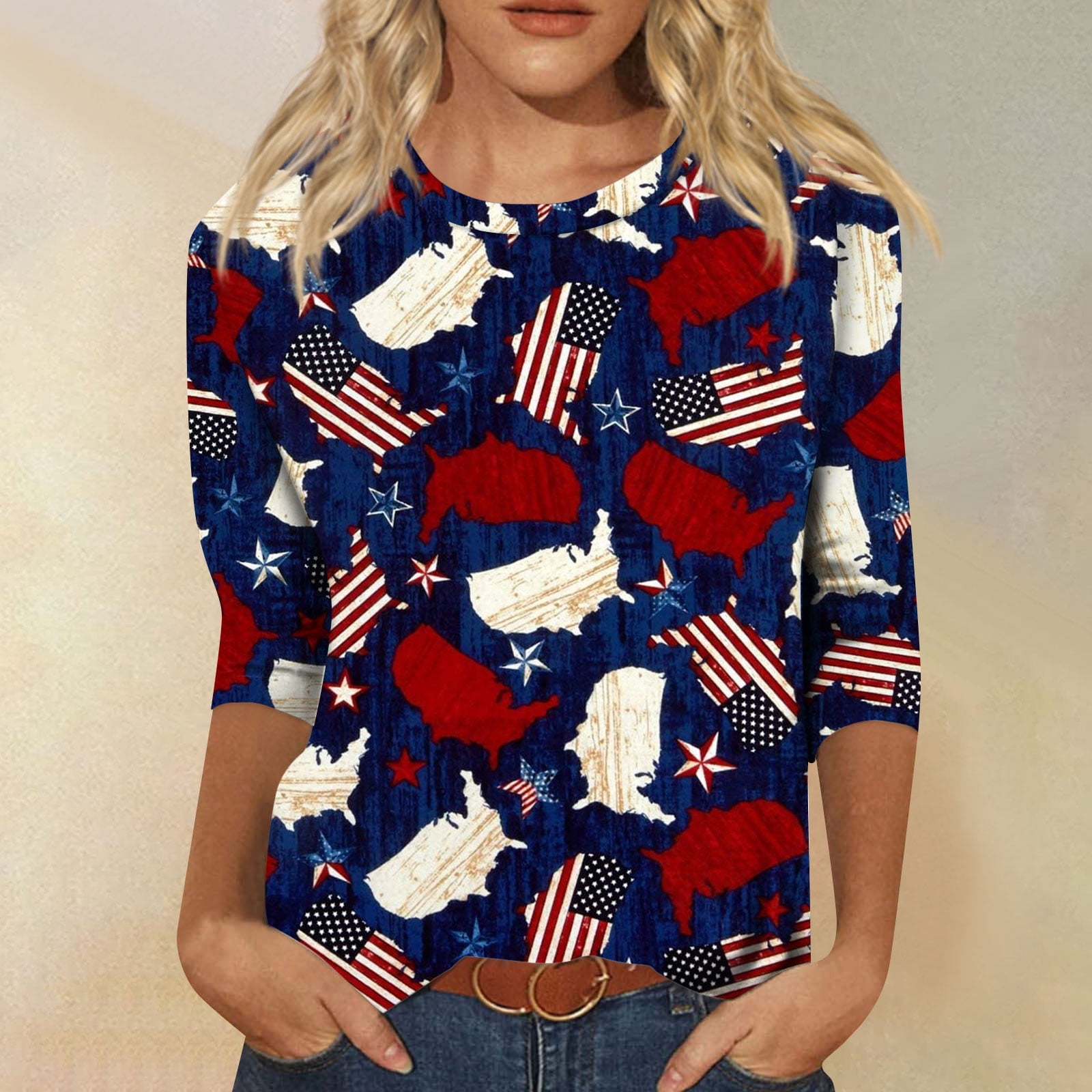 CHMORA American Flag Shirts for Women 3/4 Sleeve Tops Independence Day ...