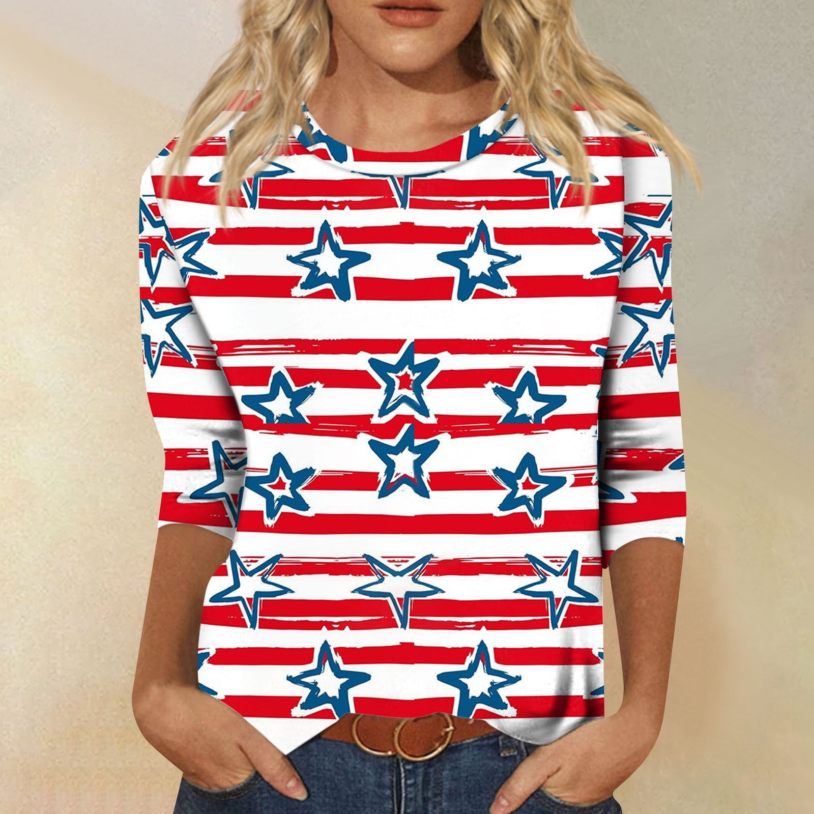 CHMORA American Flag Shirts for Women 3/4 Sleeve Tops Independence Day ...