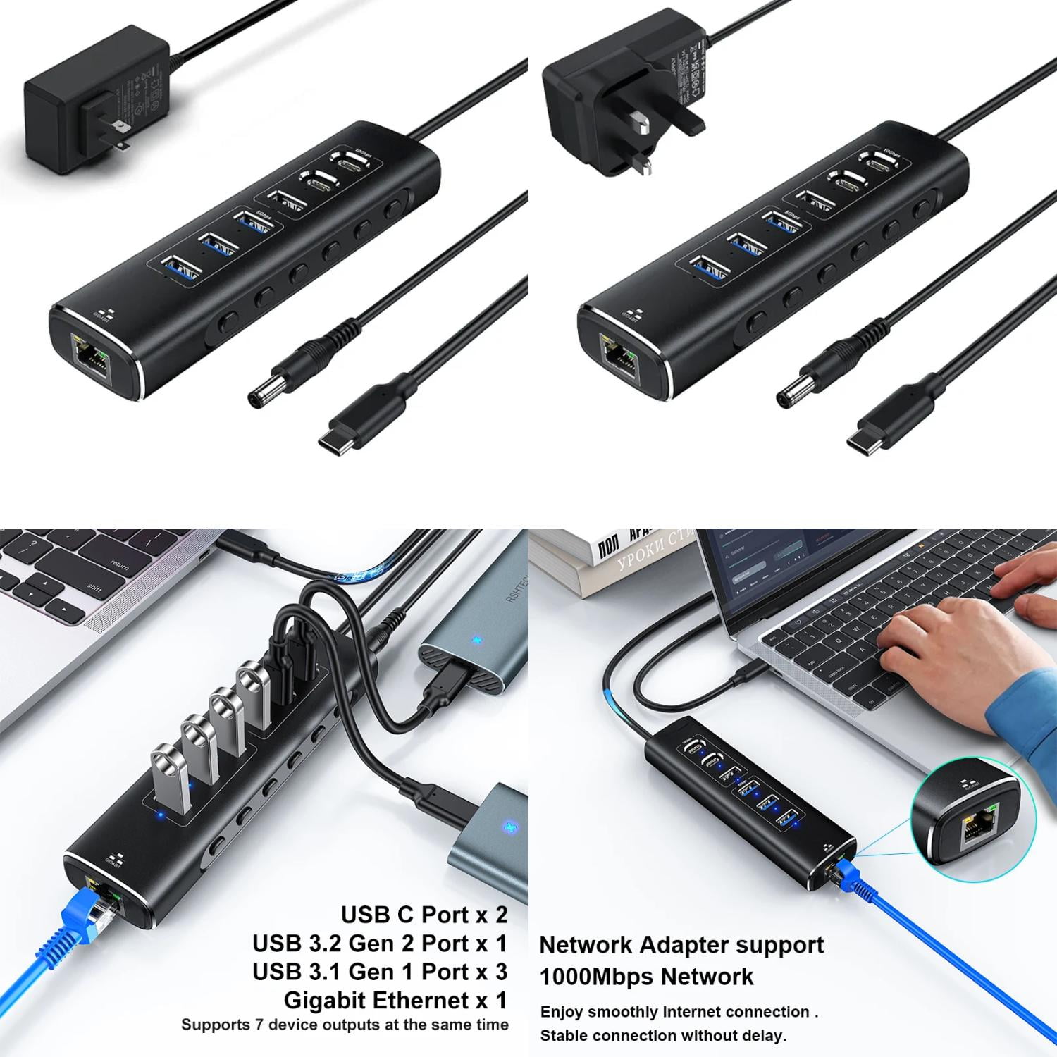 CHNGTOA High-Speed USB C Ethernet Adapter Hub RJ45 10/100/1000 Gigabit ...