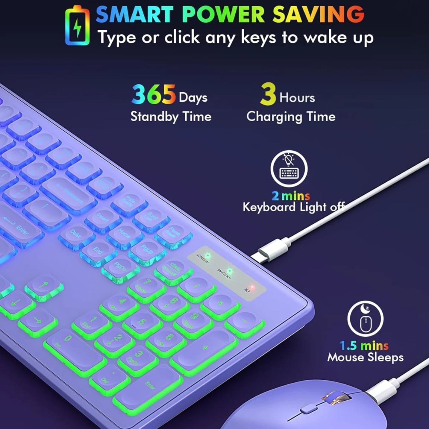 Chngxdz Rechargeable Full Size Ergonomic Type C Wireless Keyboard Mouse Combo With Rgb Backlit