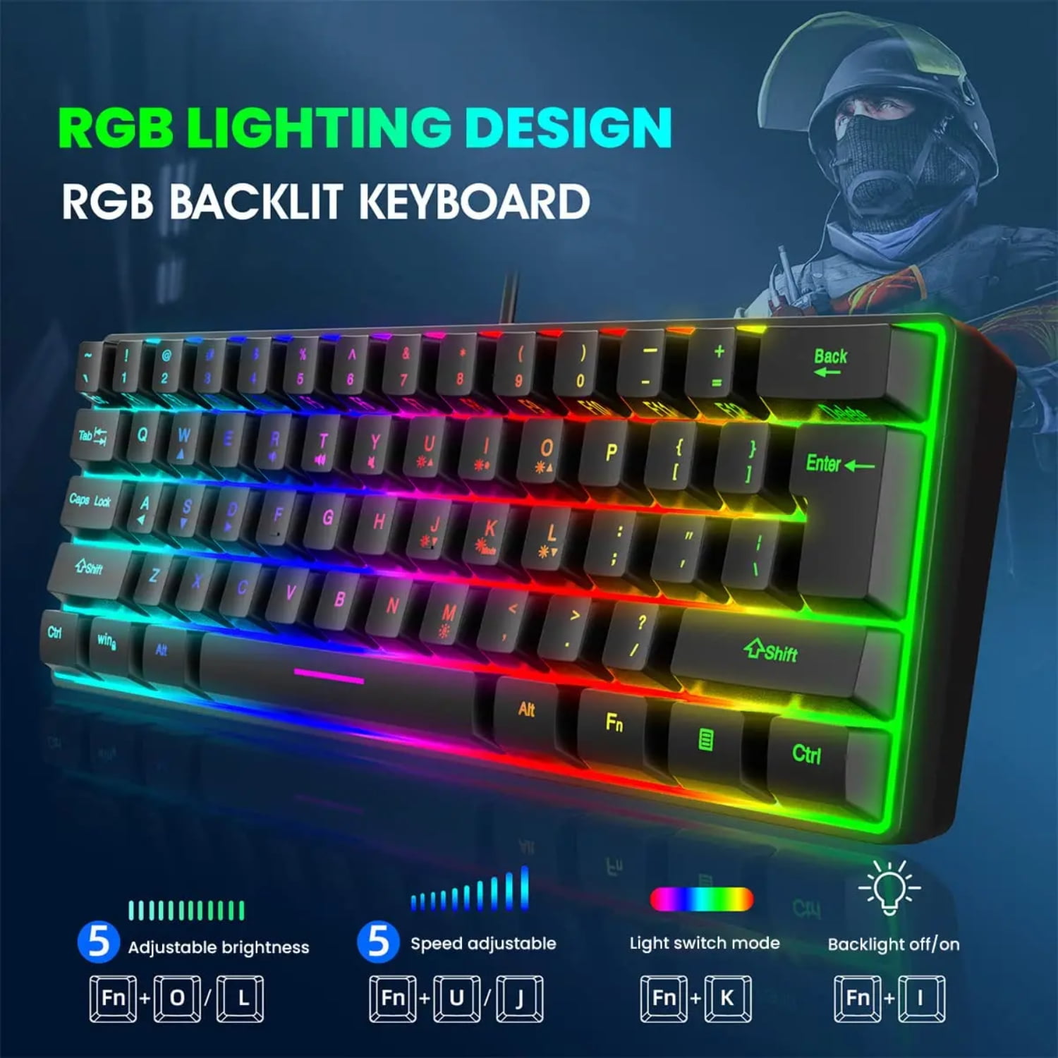 CHNGXJC Ergonomic Waterproof 61 Keys RGB Backlit Mini Compact Wired ...