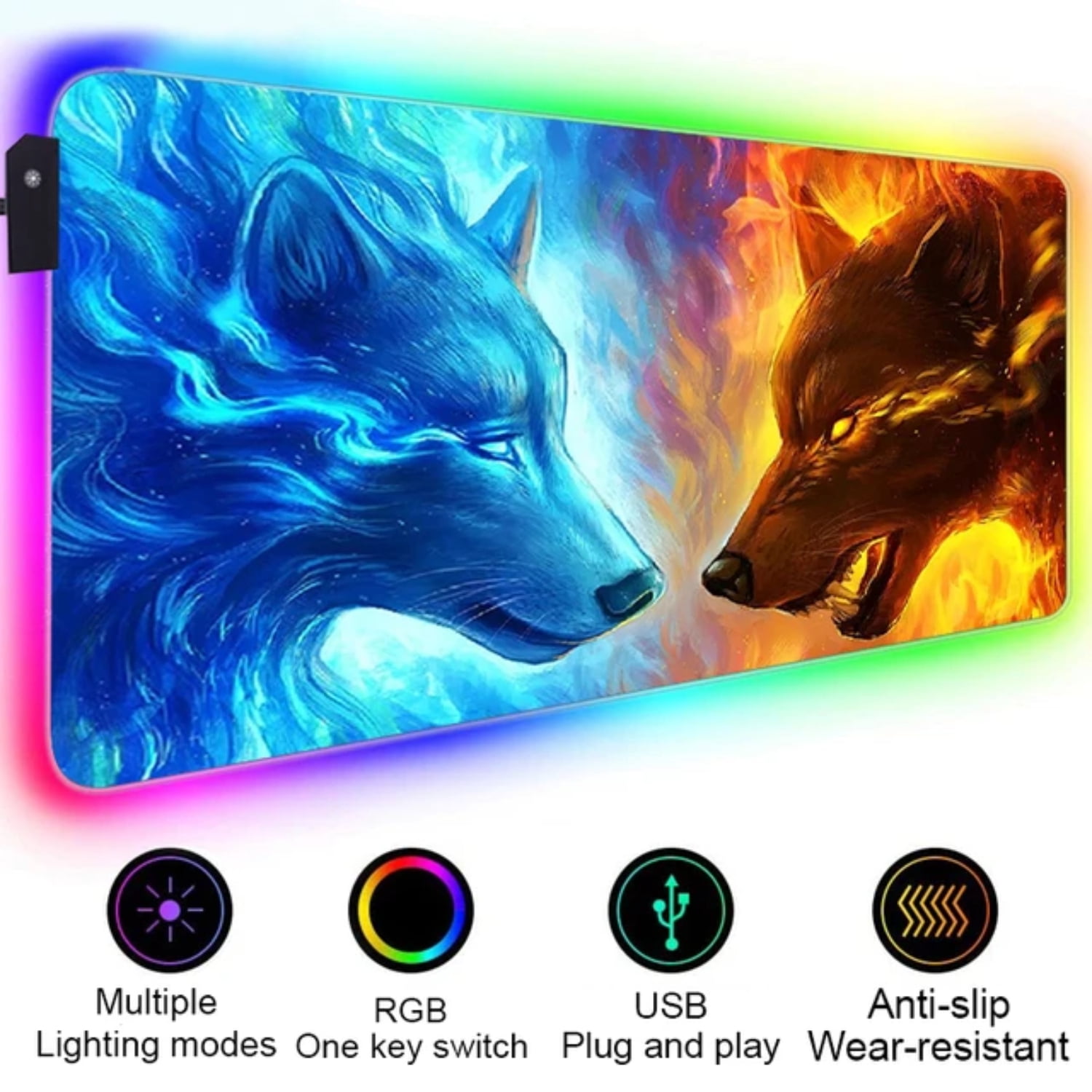 CHNGXJC Glowing Large RGB Gamer Mouse Pad featuring Animal Wolf Design ...