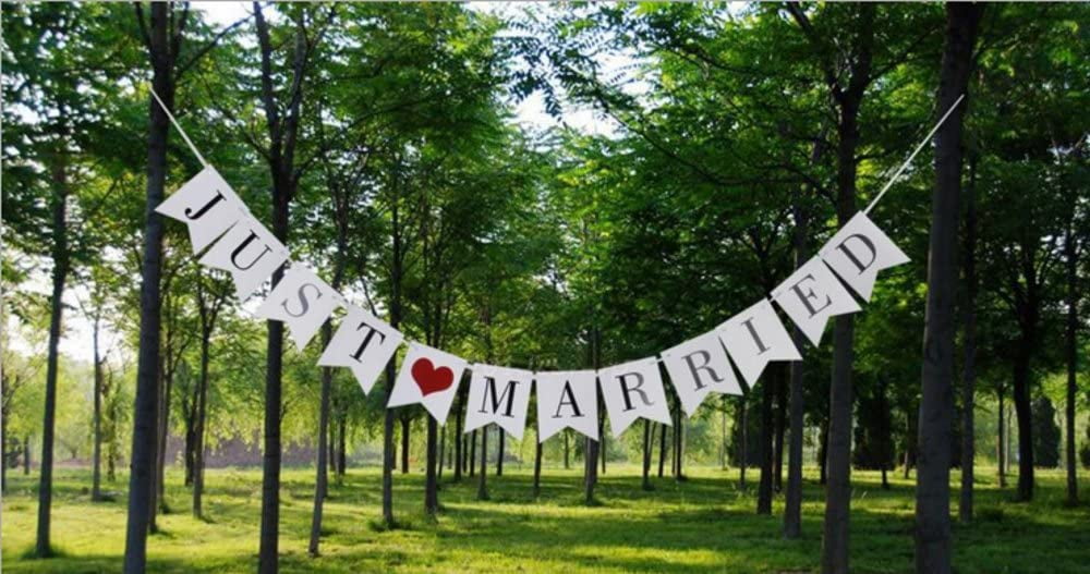 CHNLOJ "Just married" bunting banner with ribbon, white decoration ...