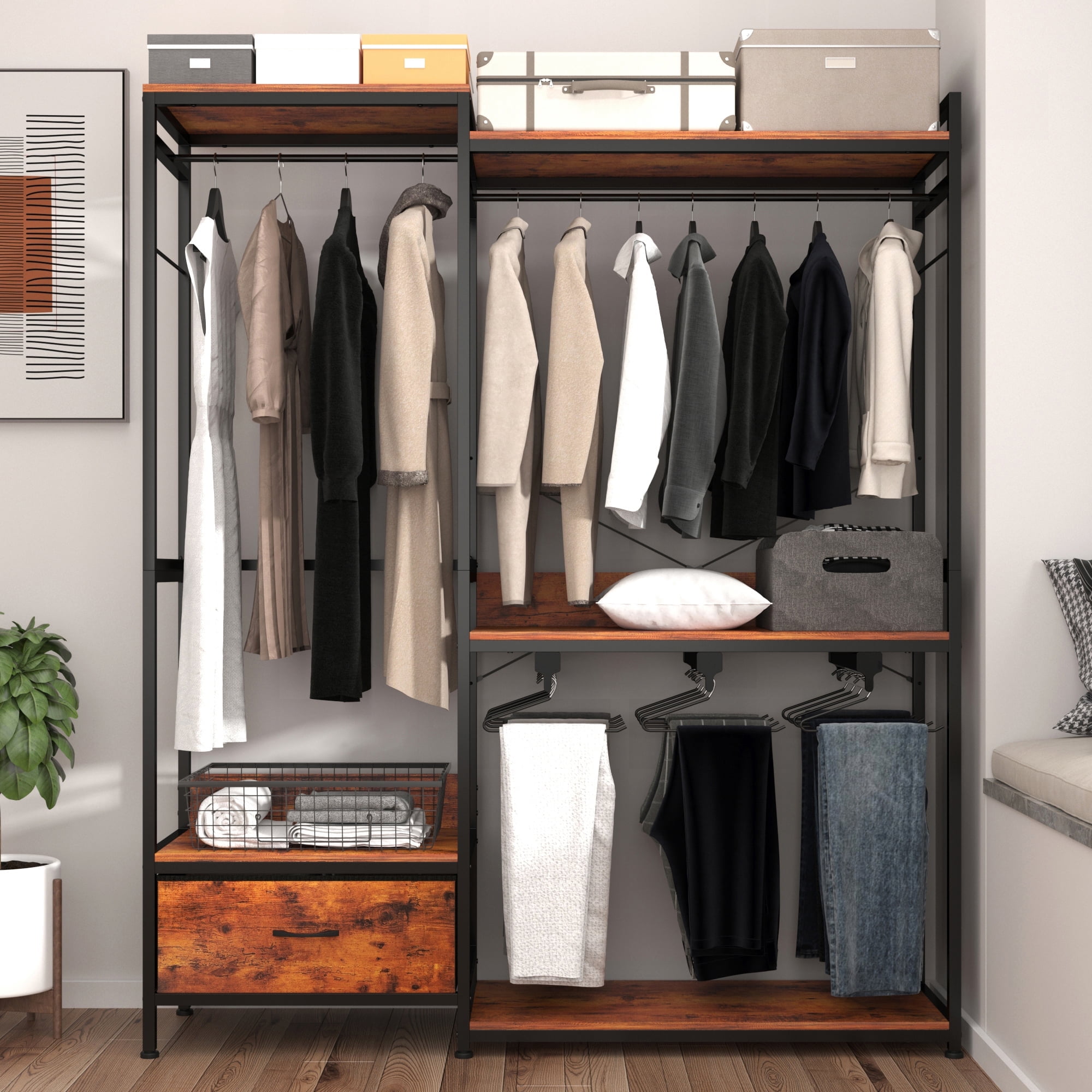 Chnnmbrn Clothes Rack with Drawer，Industrial Garment Rack with 3 ...