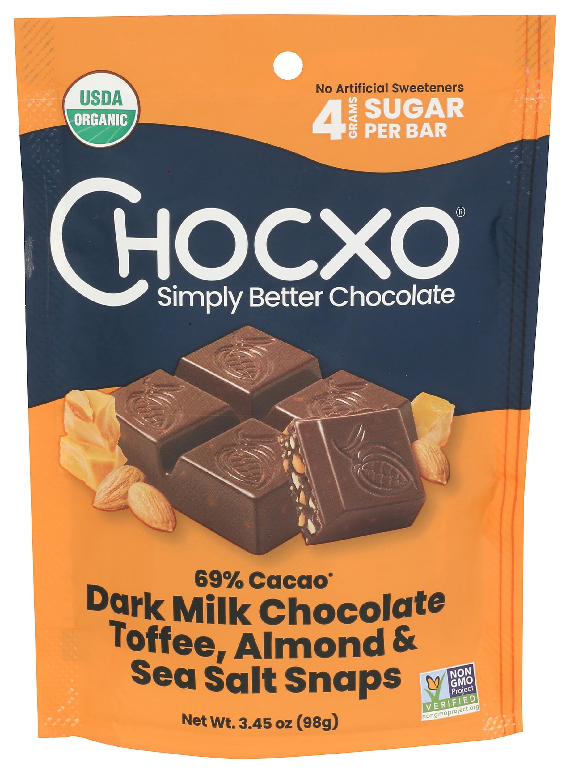 CHOCXO Organic Toffee Almond BCF26 69% Dark Milk Chocolate Snaps, 3.45 ...