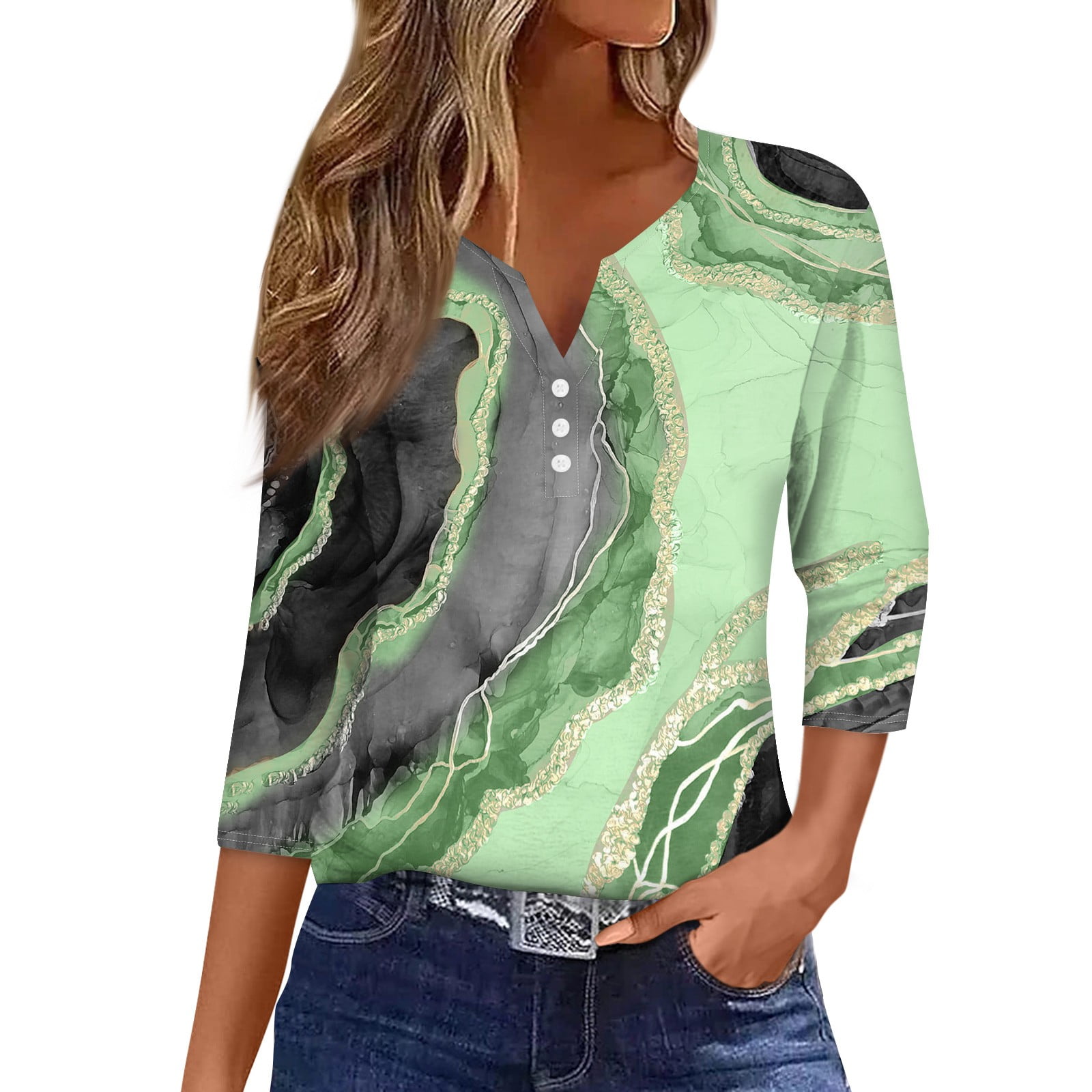 CHOII 50% off Womens Tops 2024 Women's T Shirt Tee Print Button 3/4 Sleeve Daily Weekend Fashion ...