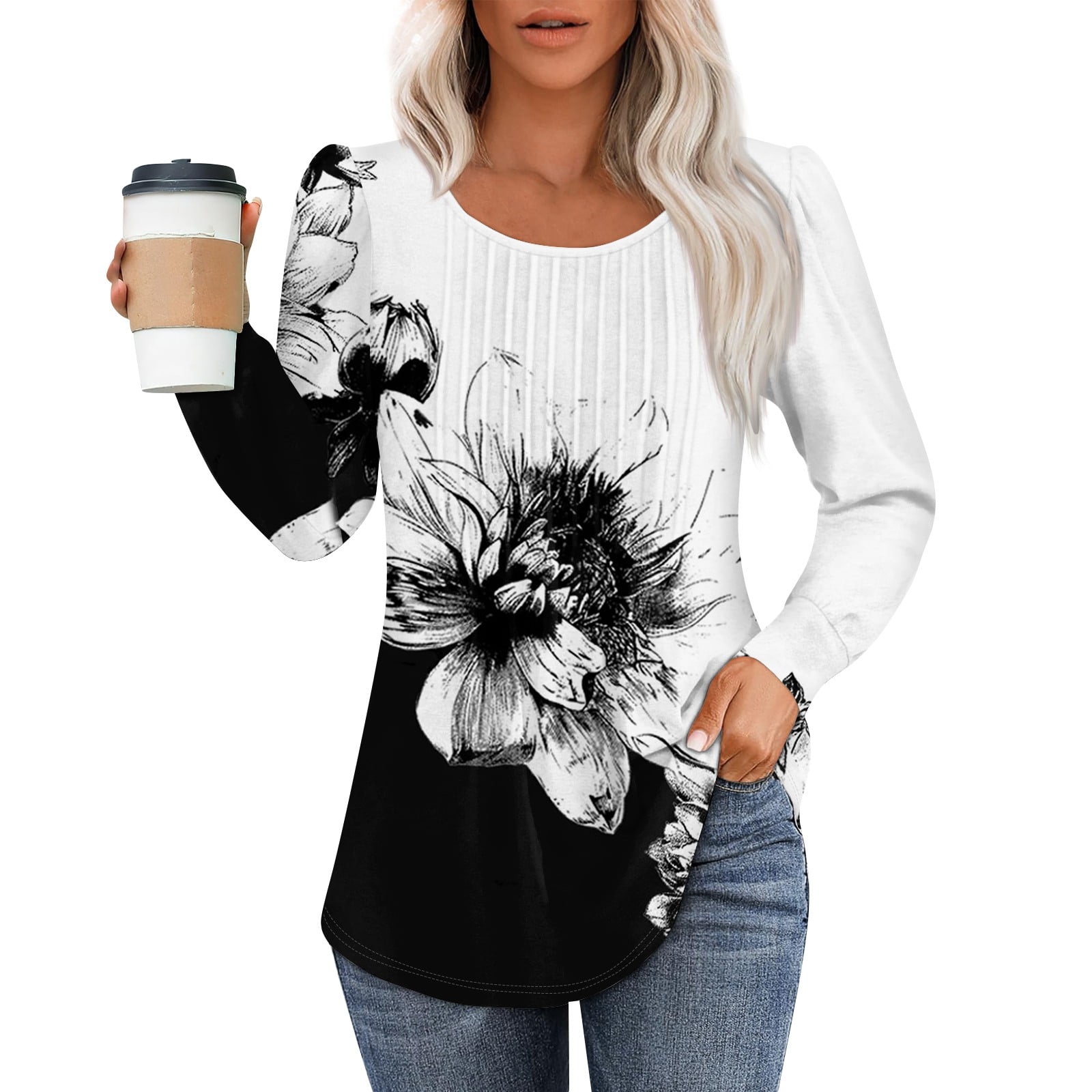 CHOII Floral Printed Basic Sweatshirt for Plus Size Women Round Neck Long Sleeve Top Ladies ...