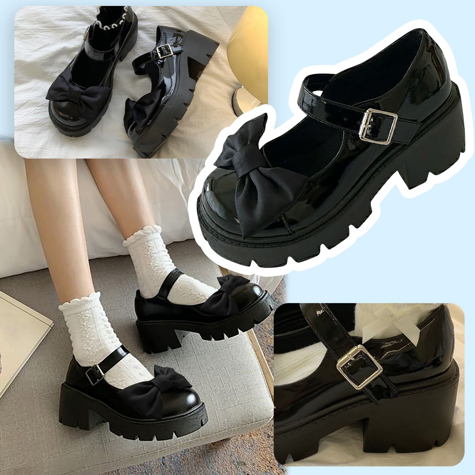 CHOII Women's Small Leather Shoes Thick Soles Wedge Retro Single Shoes Sweet Mary Jane shoes for ...