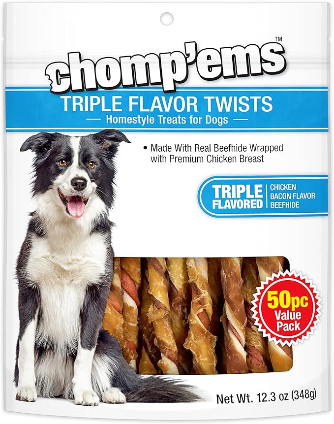 CHOMP 'EMS Triple Flavor Rawhide Twist Sticks - Beefhide Dog Chew ...