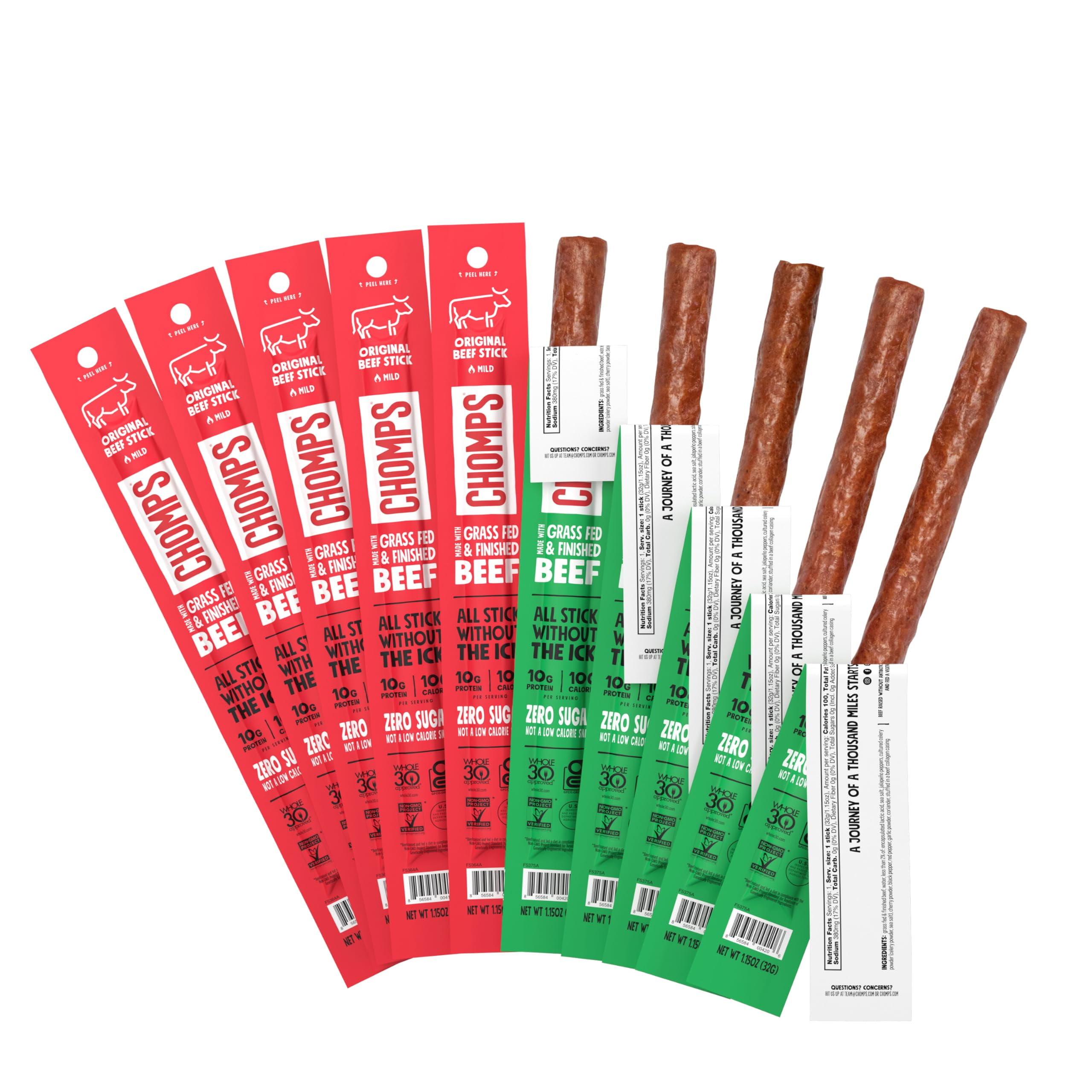 CHOMPS Grass Fed Beef HHA1 Jerky Sticks, Beef Variety Pack, 10 Sticks ...