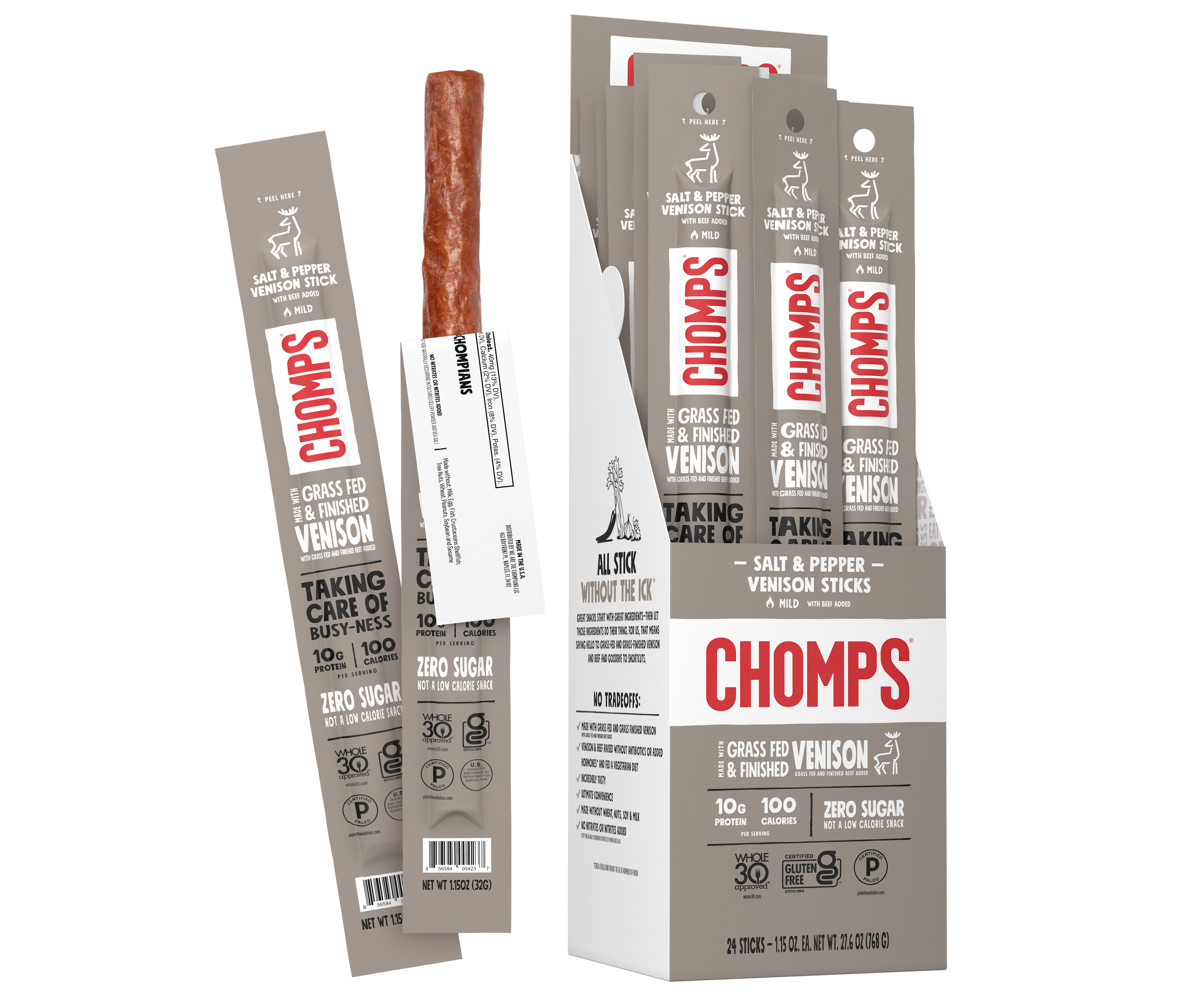 CHOMPS Salt & Pepper Venison Jerkey Sticks 24ct 1.15oz - Walmart.com