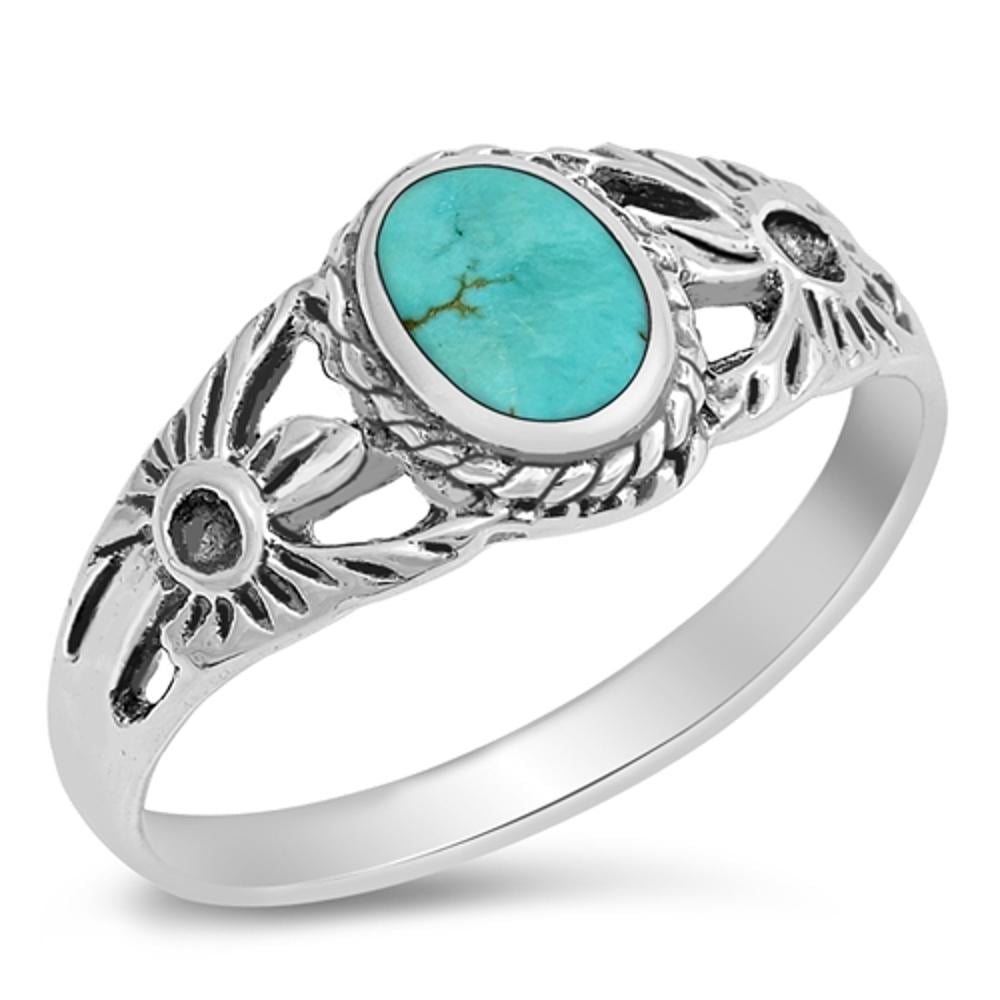 CHOOSE YOUR COLOR Bali Flower Simulated Turquoise Boho Ring .925 ...