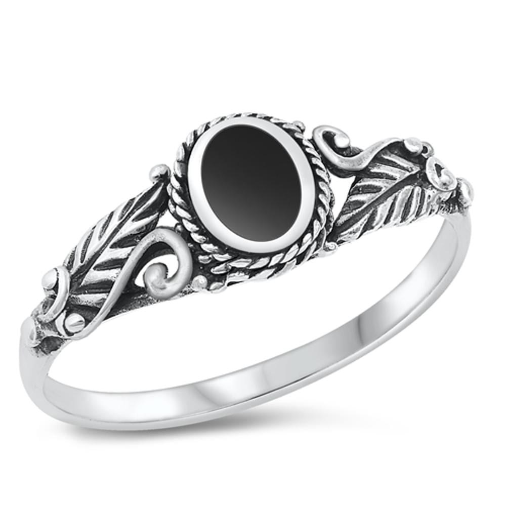 CHOOSE YOUR COLOR Bali Leaf Simulated Black Onyx Ring .925 Sterling Silver Band CZ Female Size 7 ...