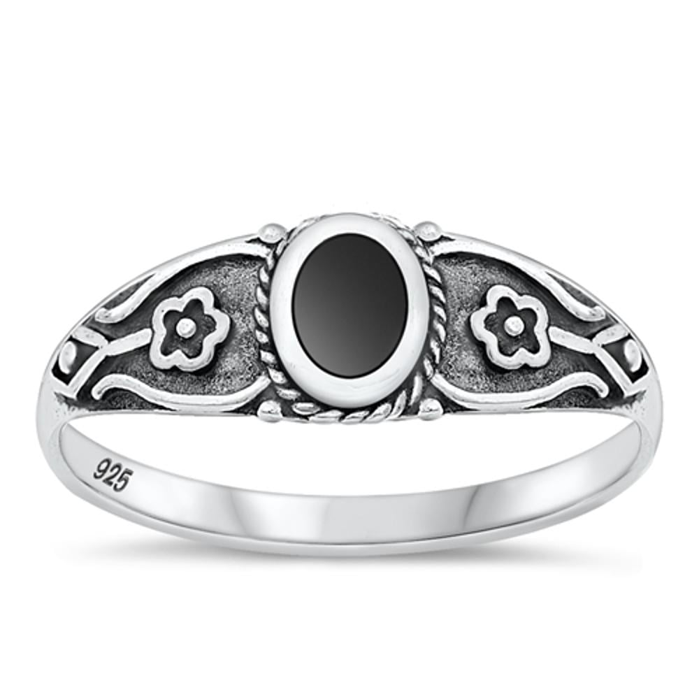 CHOOSE YOUR COLOR Black Simulated Agate Oxidized Flower Ring .925 Sterling Silver Band CZ Female ...