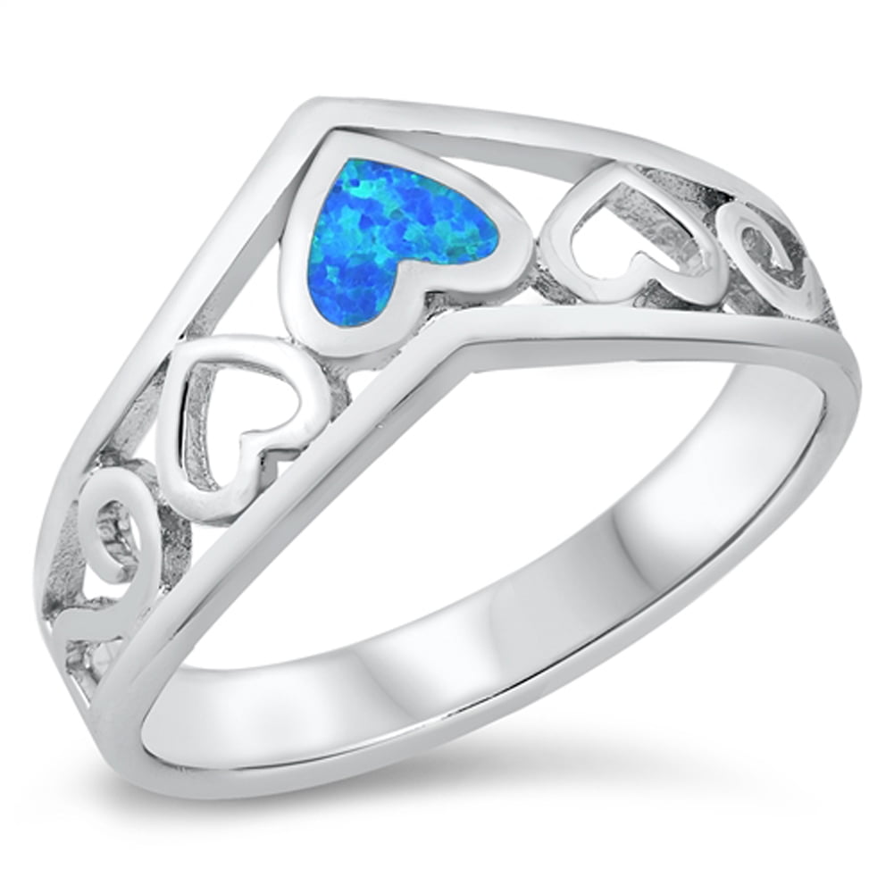 CHOOSE YOUR COLOR Blue Simulated Opal Chevron Promise Heart Ring .925 ...
