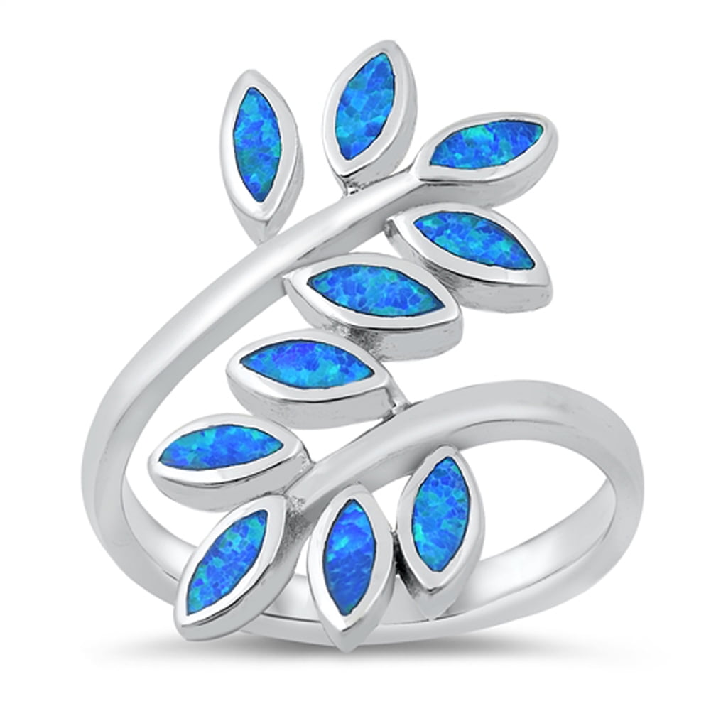 CHOOSE YOUR COLOR Blue Simulated Opal Fern Leaf Wrap Plant Ring .925 ...