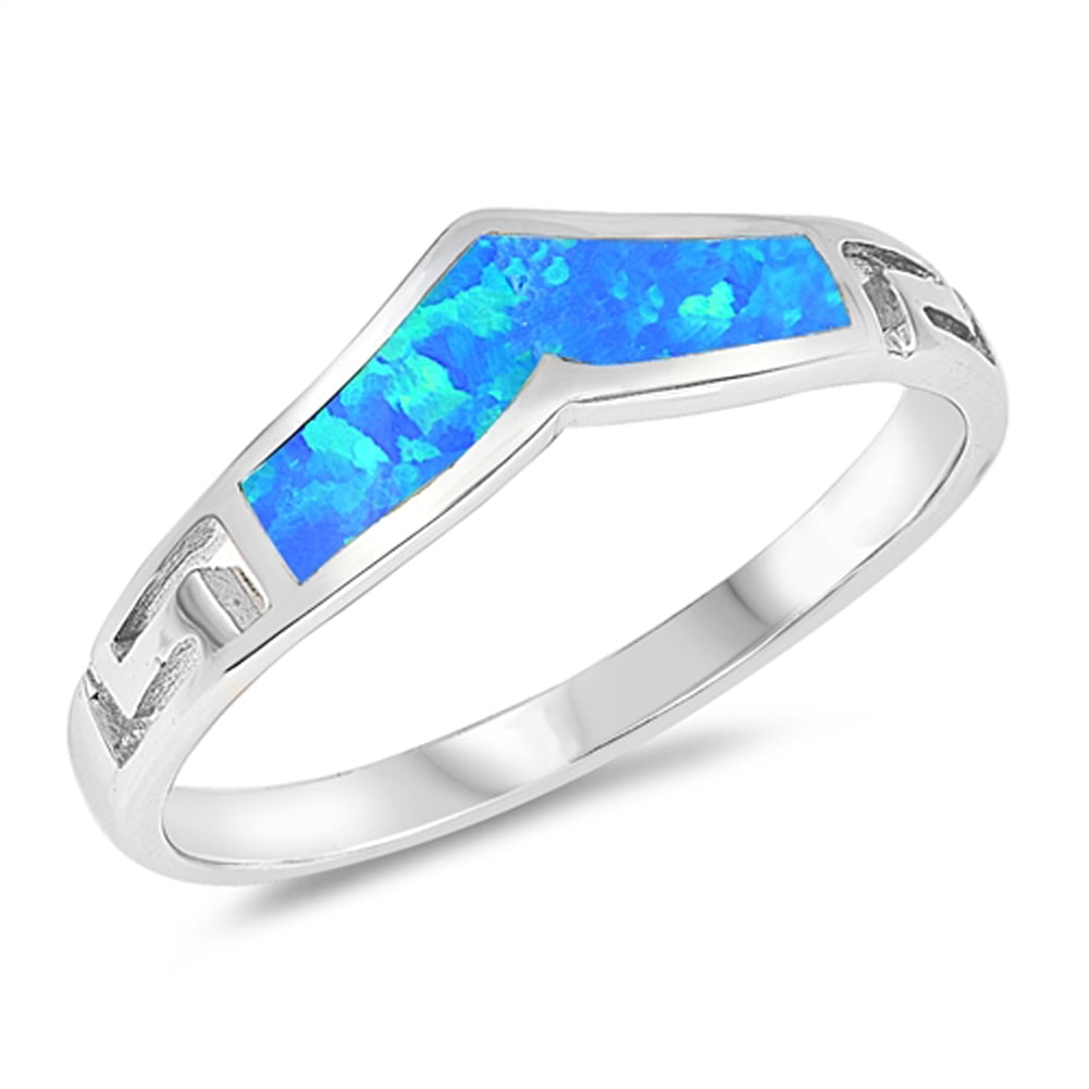CHOOSE YOUR COLOR Blue Simulated Opal Greek Key Chevron Pointed V Ring ...