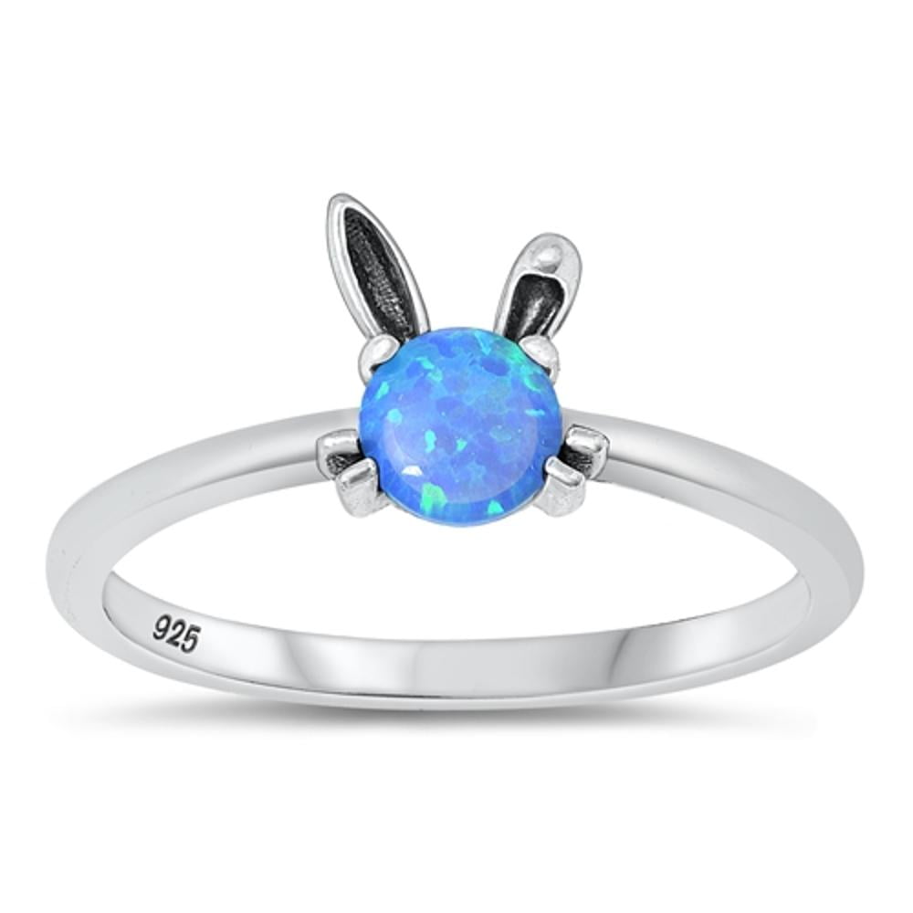 CHOOSE YOUR COLOR Blue Simulated Opal Ring .925 Sterling Silver Bunny ...