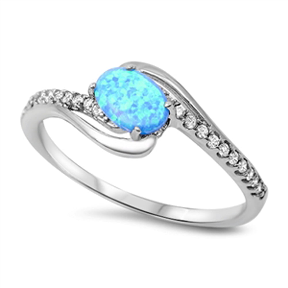 CHOOSE YOUR COLOR Blue Simulated Opal Solitaire Ring .925 Sterling ...
