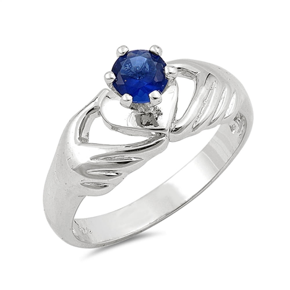 CHOOSE YOUR COLOR Blue Simulated Sapphire Claddagh Heart Promise Ring ...