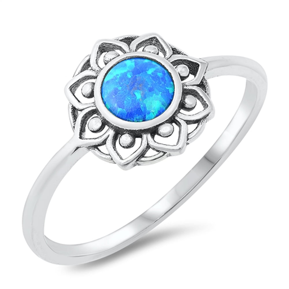 CHOOSE YOUR COLOR Bohemian Bali Style Sun Flower Ring .925 Sterling Silver Band Blue CZ Female ...