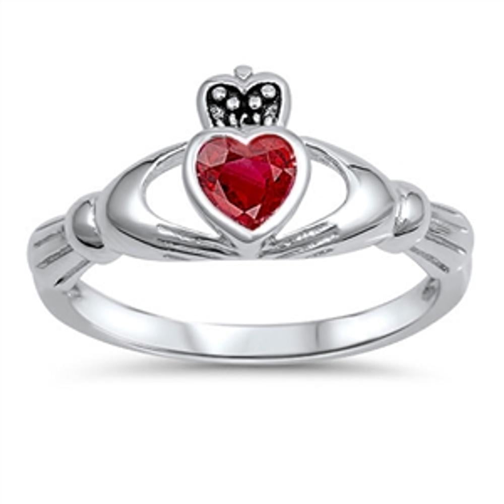 CHOOSE YOUR COLOR Friendship Simulated Ruby Claddagh Heart Ring .925 ...