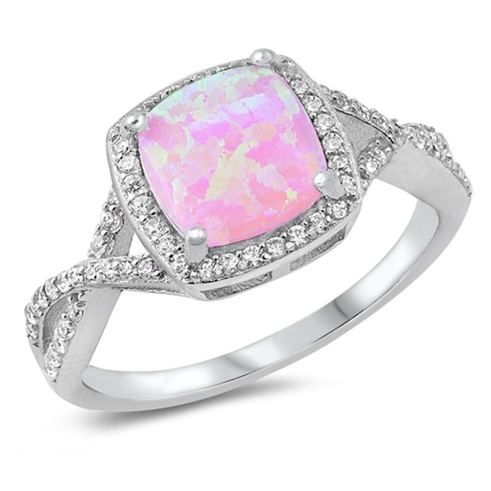 CHOOSE YOUR COLOR Infinity Clear CZ Pink Simulated Opal Halo Ring .925 ...
