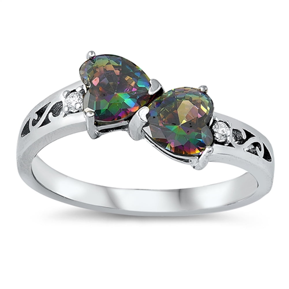 CHOOSE YOUR COLOR Multi-color CZ Filigree Swirl Double Heart Sterling ...