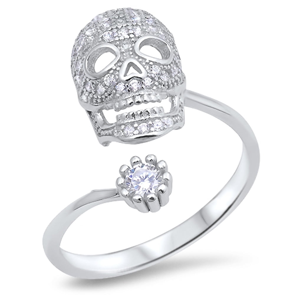 CHOOSE YOUR COLOR Open Skull Biker White CZ Evil Ring .925 Sterling ...