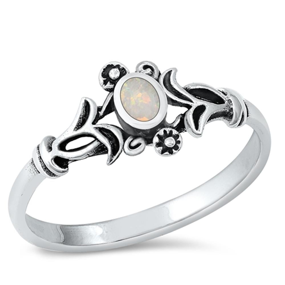 CHOOSE YOUR COLOR Ornate White Simulated Opal Ring .925 Sterling Silver ...