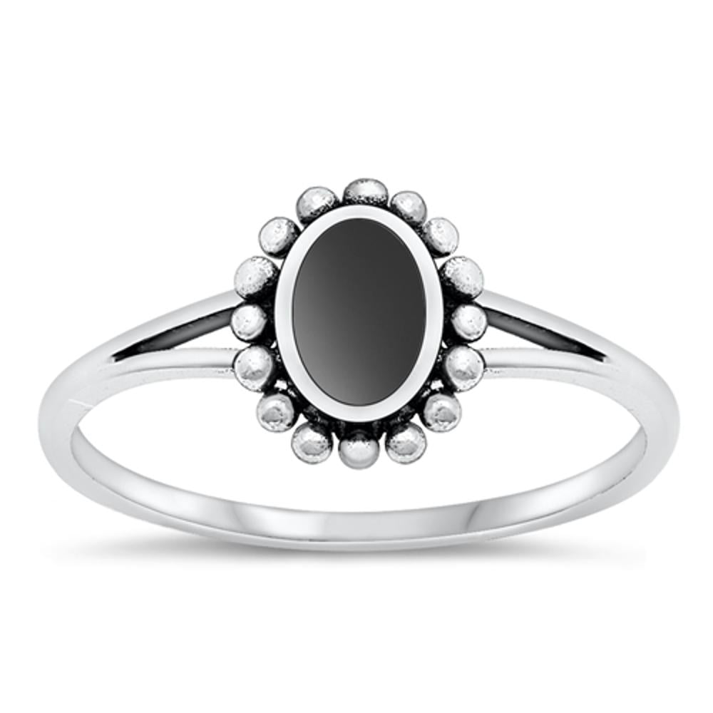 CHOOSE YOUR COLOR Oval Black Simulated Agate Chic Bali Ring .925 Sterling Silver Band CZ Female ...