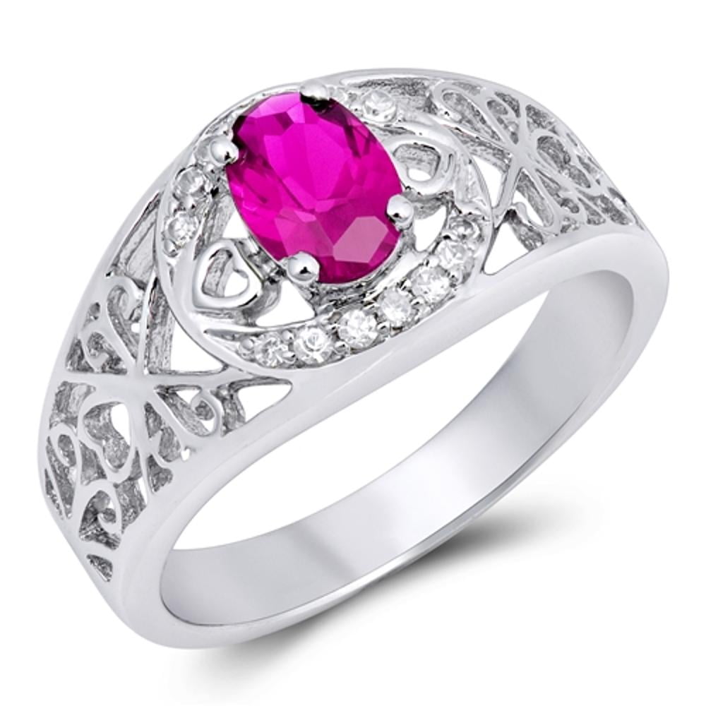 CHOOSE YOUR COLOR Oval Simulated Ruby Filigree Halo Heart Promise Ring ...