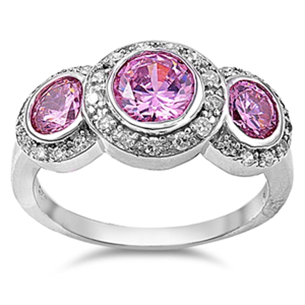 CHOOSE YOUR COLOR Pink CZ Triple Round Wedding Ring .925 Sterling ...