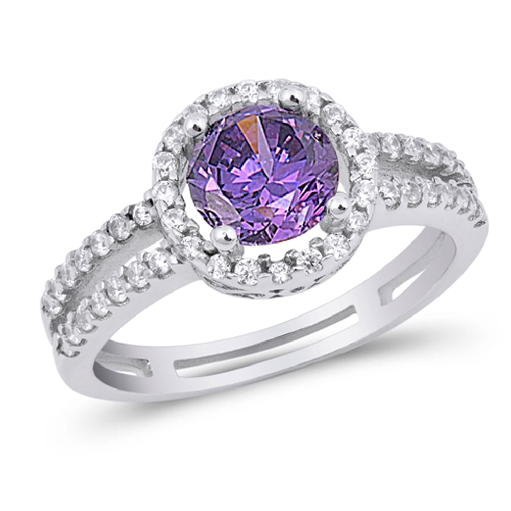 CHOOSE YOUR COLOR Simulated Amethyst Round Halo Engagement Ring .925 ...