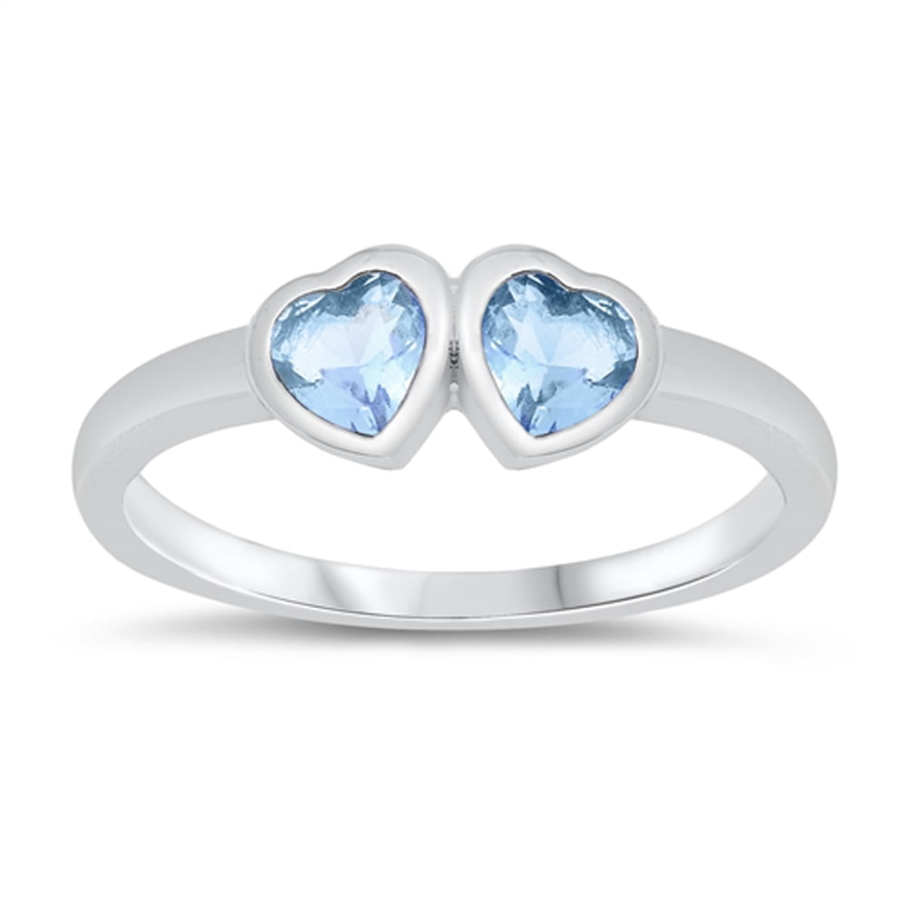 CHOOSE YOUR COLOR Simulated Aquamarine Double Promise Heart Ring .925 ...