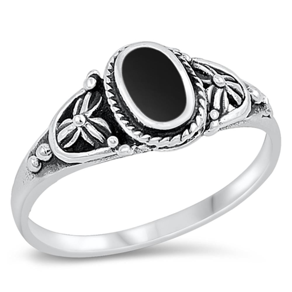 CHOOSE YOUR COLOR Simulated Black Onyx Solitaire Bali Rope Flower Ring ...