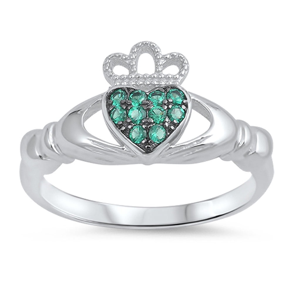 CHOOSE YOUR COLOR Simulated Emerald Claddagh Heart Friendship Ring .925 ...