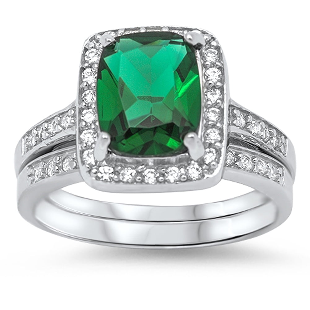 CHOOSE YOUR COLOR Simulated Emerald Elegant Halo Ring Set .925 Sterling ...