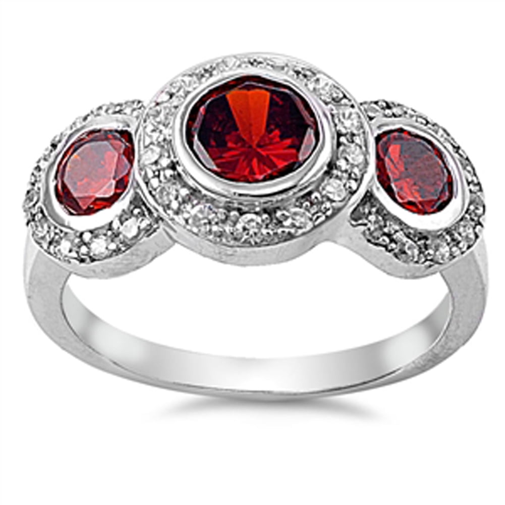 CHOOSE YOUR COLOR Simulated Garnet Three Halo Round Vintage Ring .925 ...