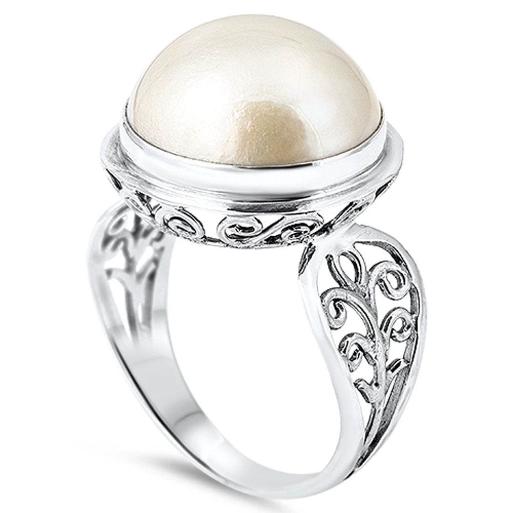 CHOOSE YOUR COLOR Simulated Pearl Flower Filigree Ring .925 Sterling ...