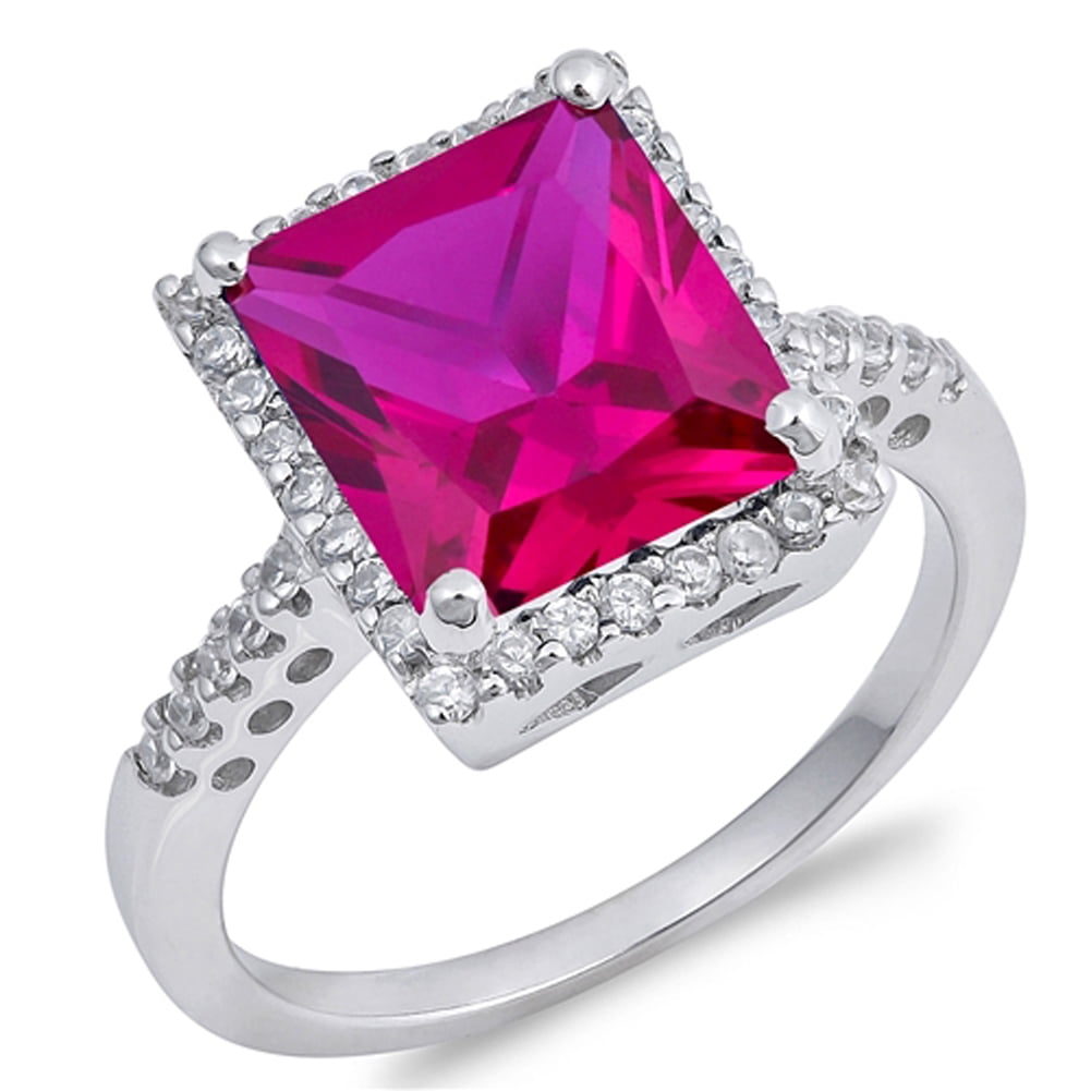 CHOOSE YOUR COLOR Simulated Ruby Rectangle Solitaire Halo Bridal Ring ...