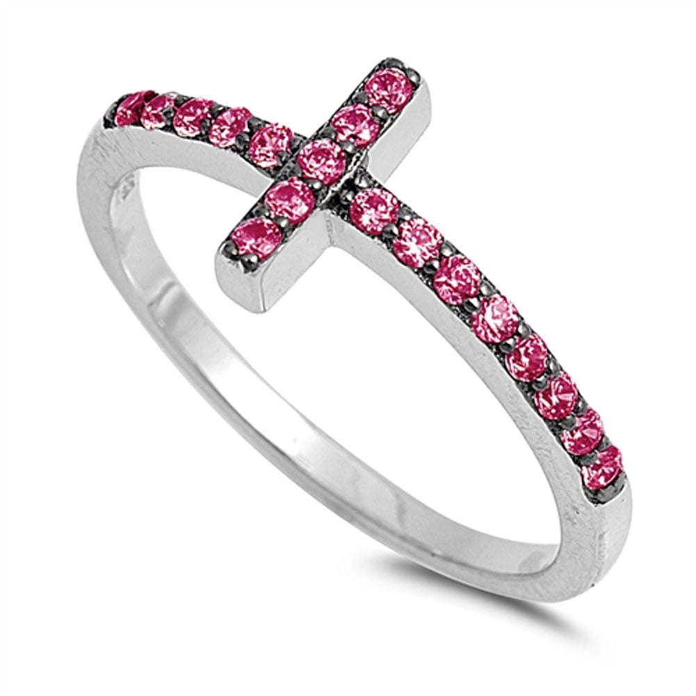 CHOOSE YOUR COLOR Simulated Ruby Sideways Cross Ring .925 Sterling ...