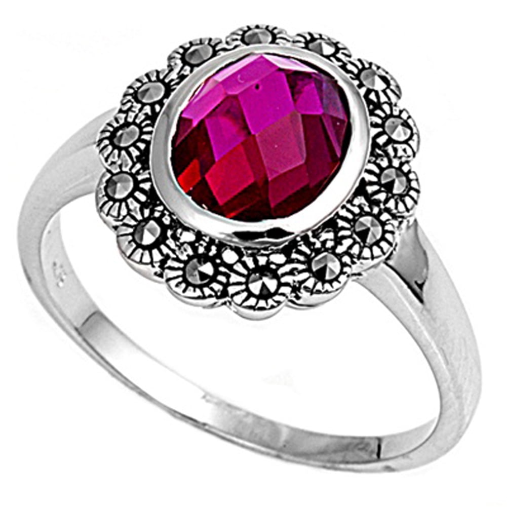 CHOOSE YOUR COLOR Simulated Ruby Solitaire Floral Sun Ring 925 Sterling ...