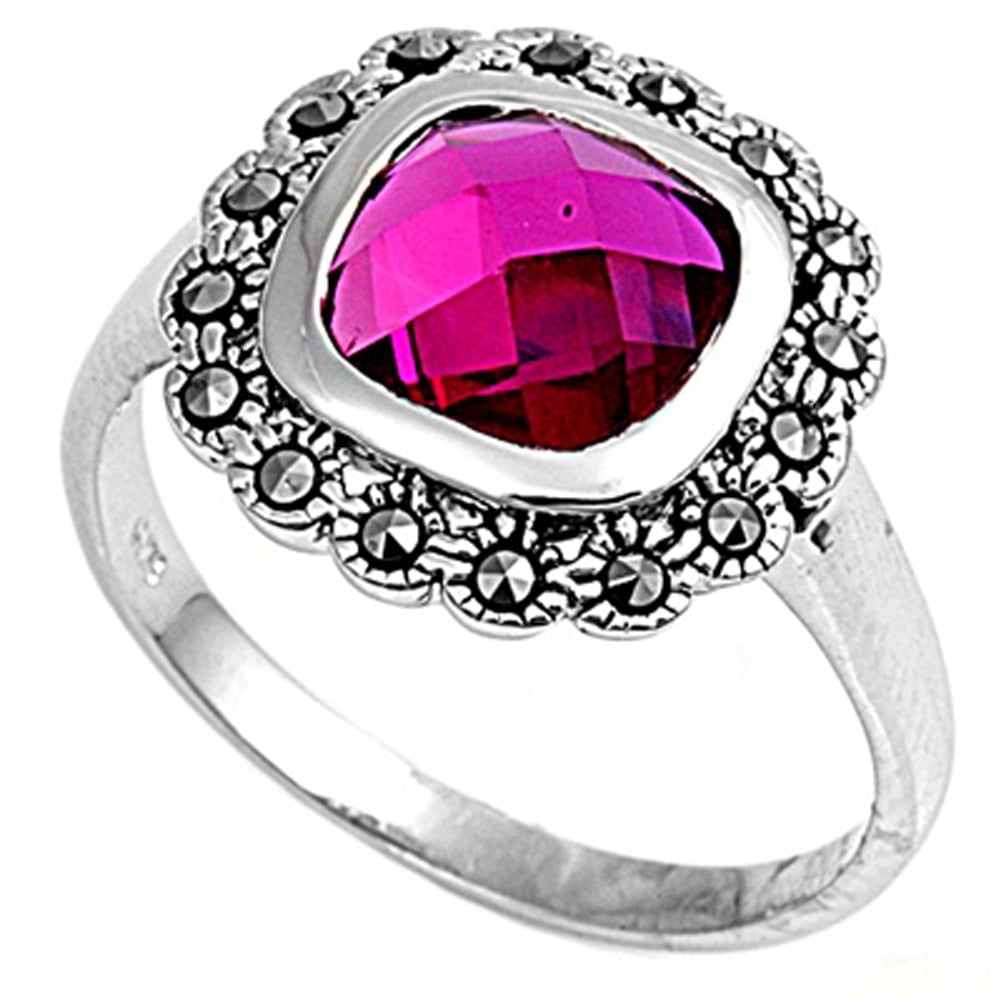 CHOOSE YOUR COLOR Simulated Ruby Square Flower Sun Ring .925 Sterling ...
