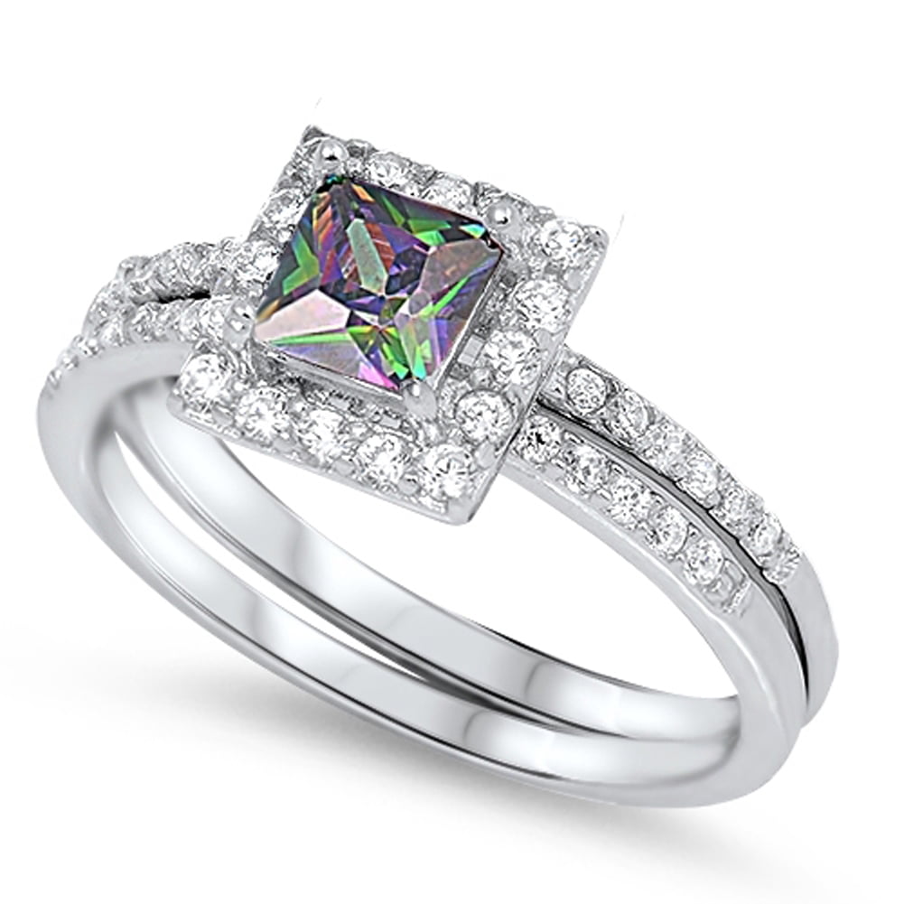 CHOOSE YOUR COLOR Square Multi-color CZ Halo Wedding Ring Set Sterling ...