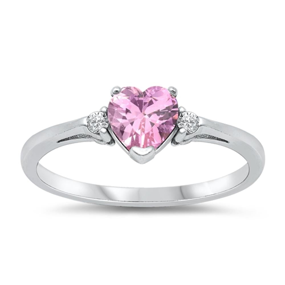 CHOOSE YOUR COLOR Sterling Silver Pink CZ Heart Ring Love Rhodium ...