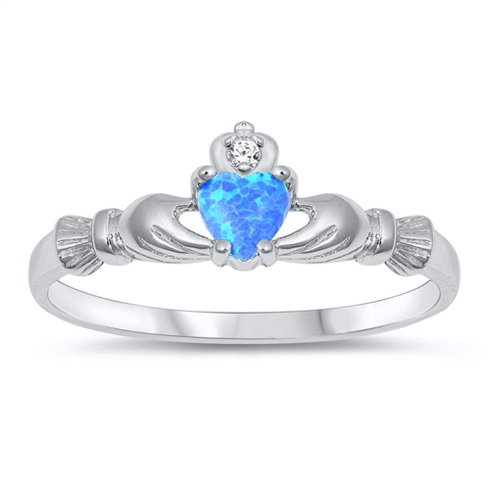 CHOOSE YOUR COLOR White CZ Blue Simulated Opal Claddagh Heart Ring .925 ...