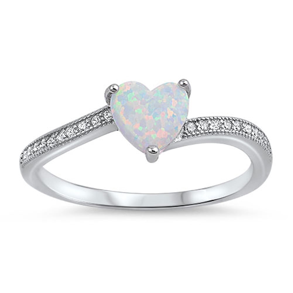 Sterling Silver White Simulated Opal Heart Promise Ring, Cubic Zirconia ...